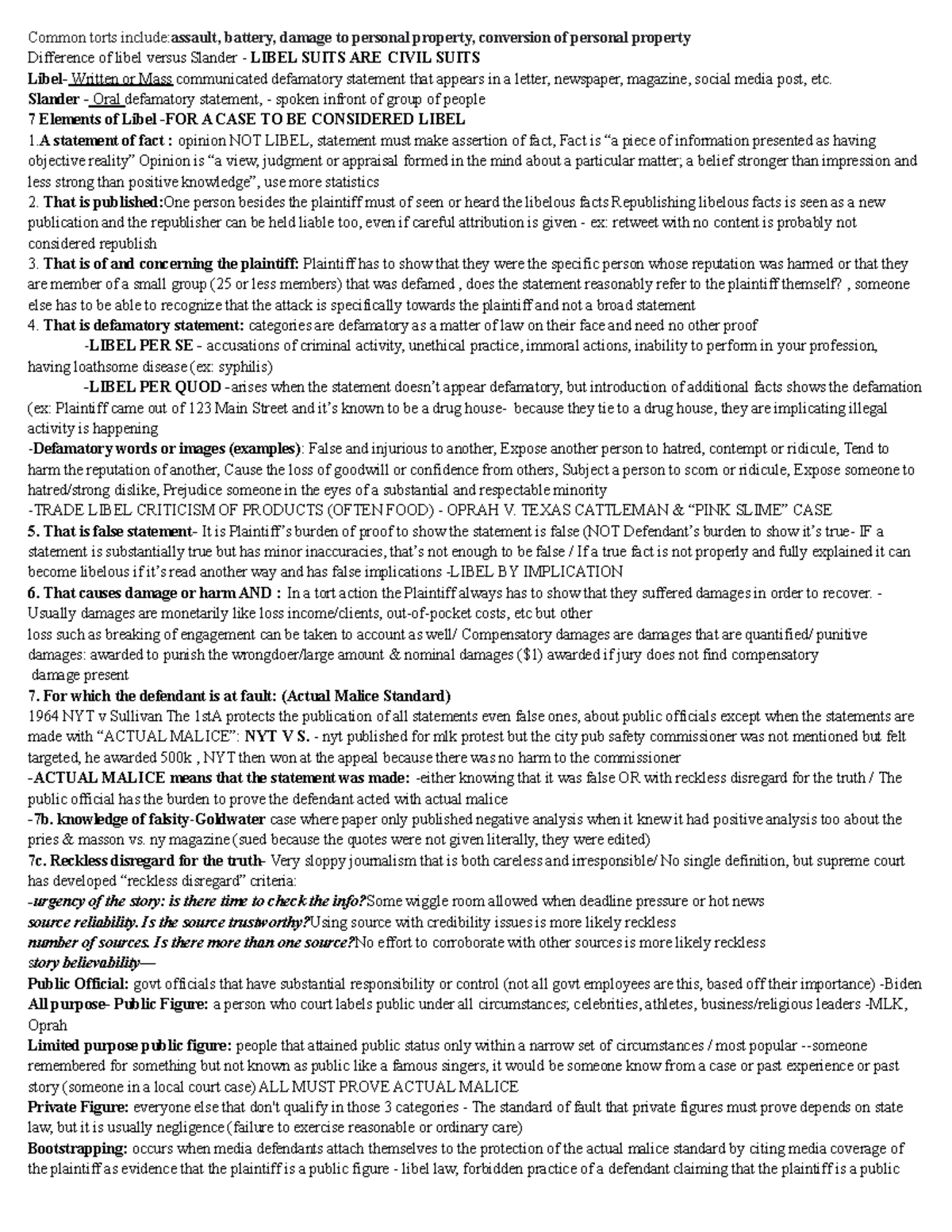 Libel/ Slander / Final Course Review - Common torts include:assault ...