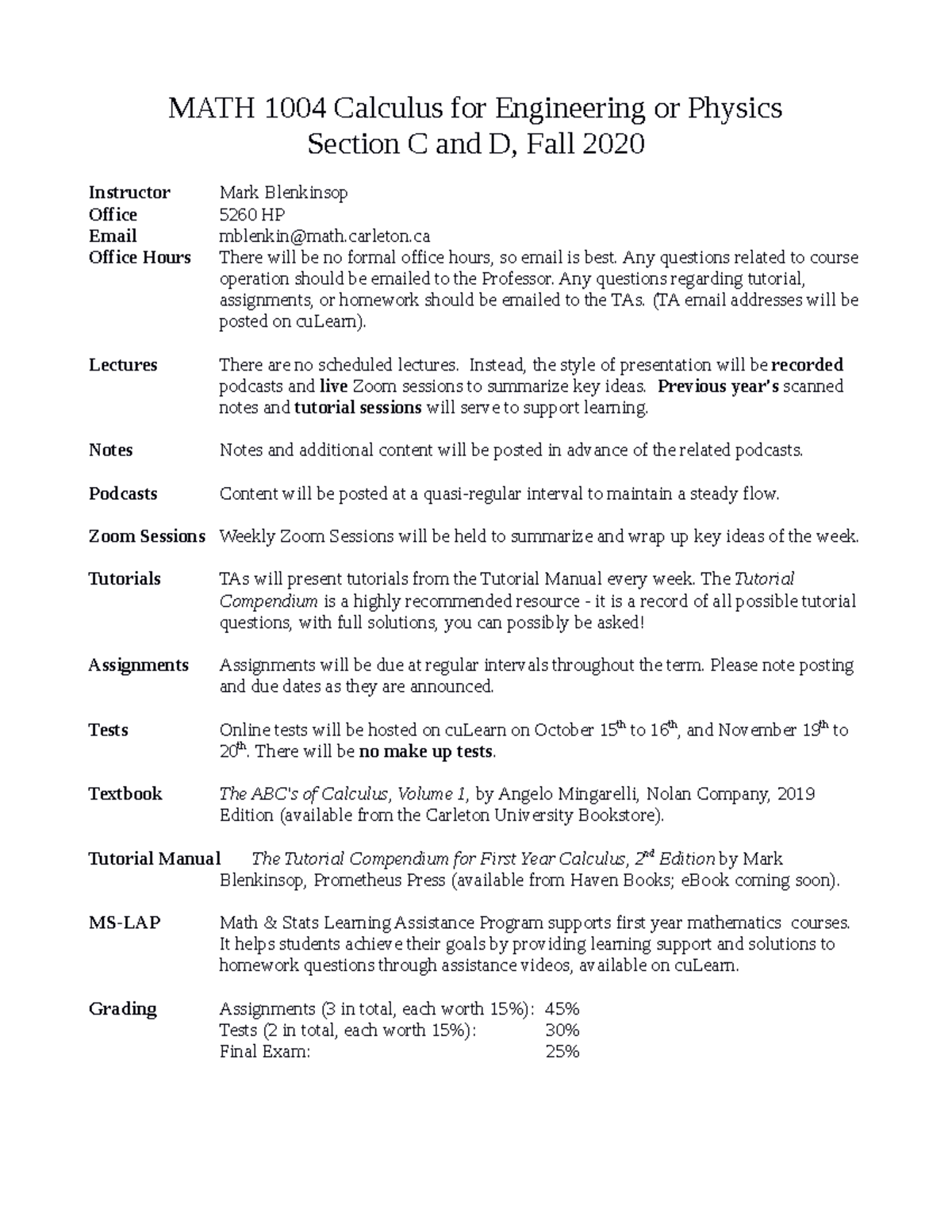MATH 1004 C and D outline - MATH 1004 Calculus for Engineering or ...