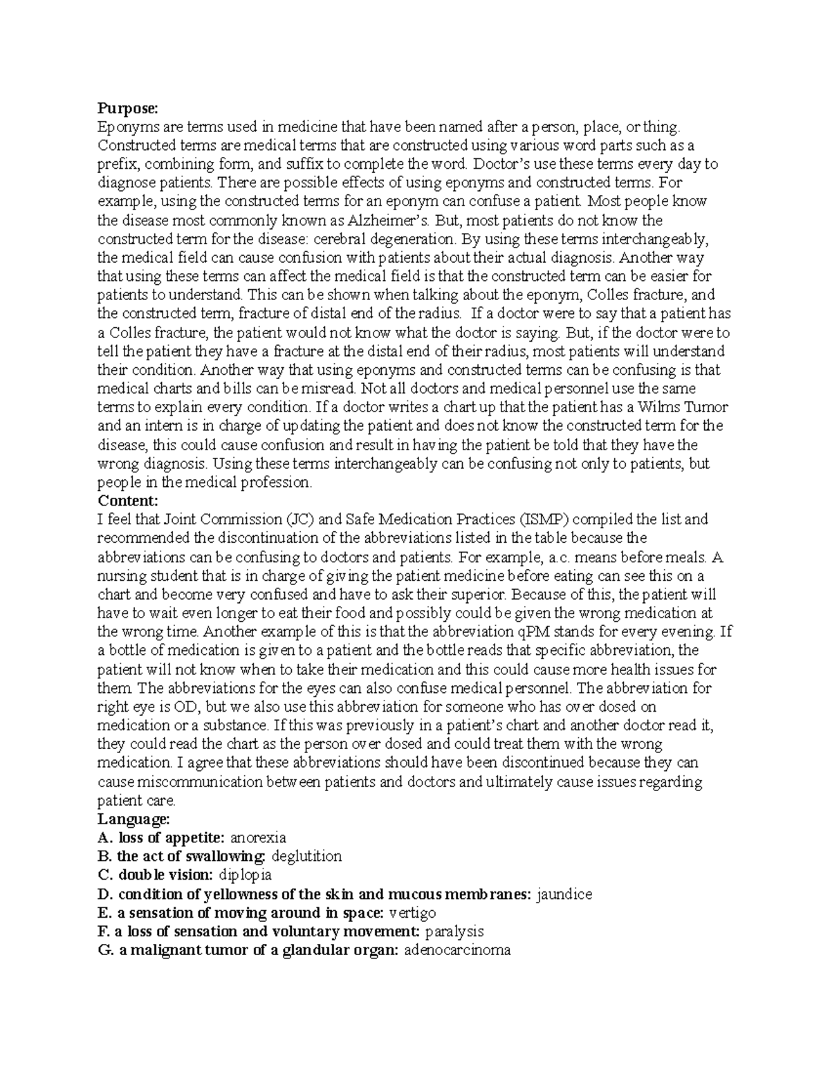 4c capstone assignment hcc - Purpose: Eponyms are terms used in ...