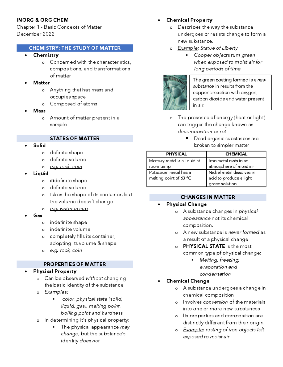 1 - Basic Concepts of Matter - INORG & ORG CHEM Chapter 1 - Basic ...