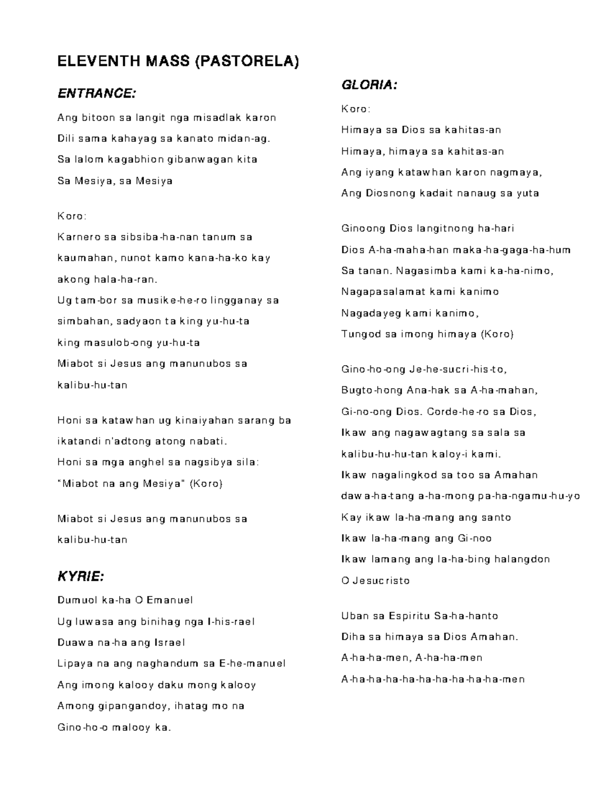 11th mass - for students - ELEV EN T H M ASS (PASTORELA) EN T RAN CE ...