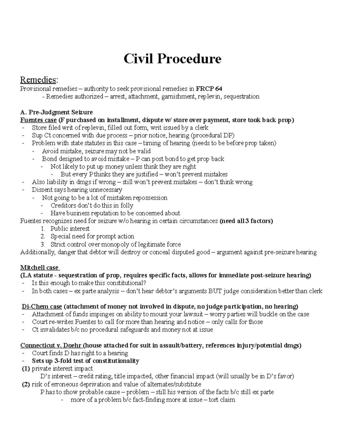 Civil Procedure Law Outline - 3 - Civil Procedure Remedies: Provisional ...