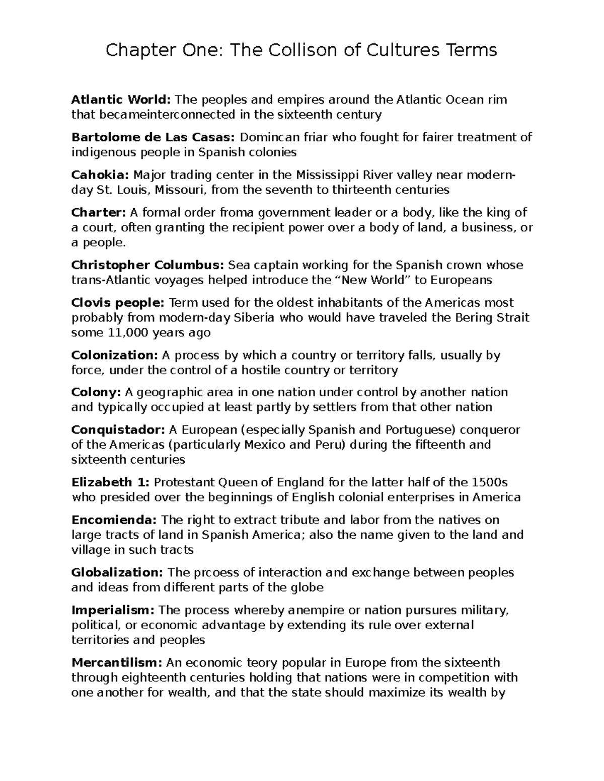 Chapter One The Collision of Cultures Terms - Chapter One: The Collison ...