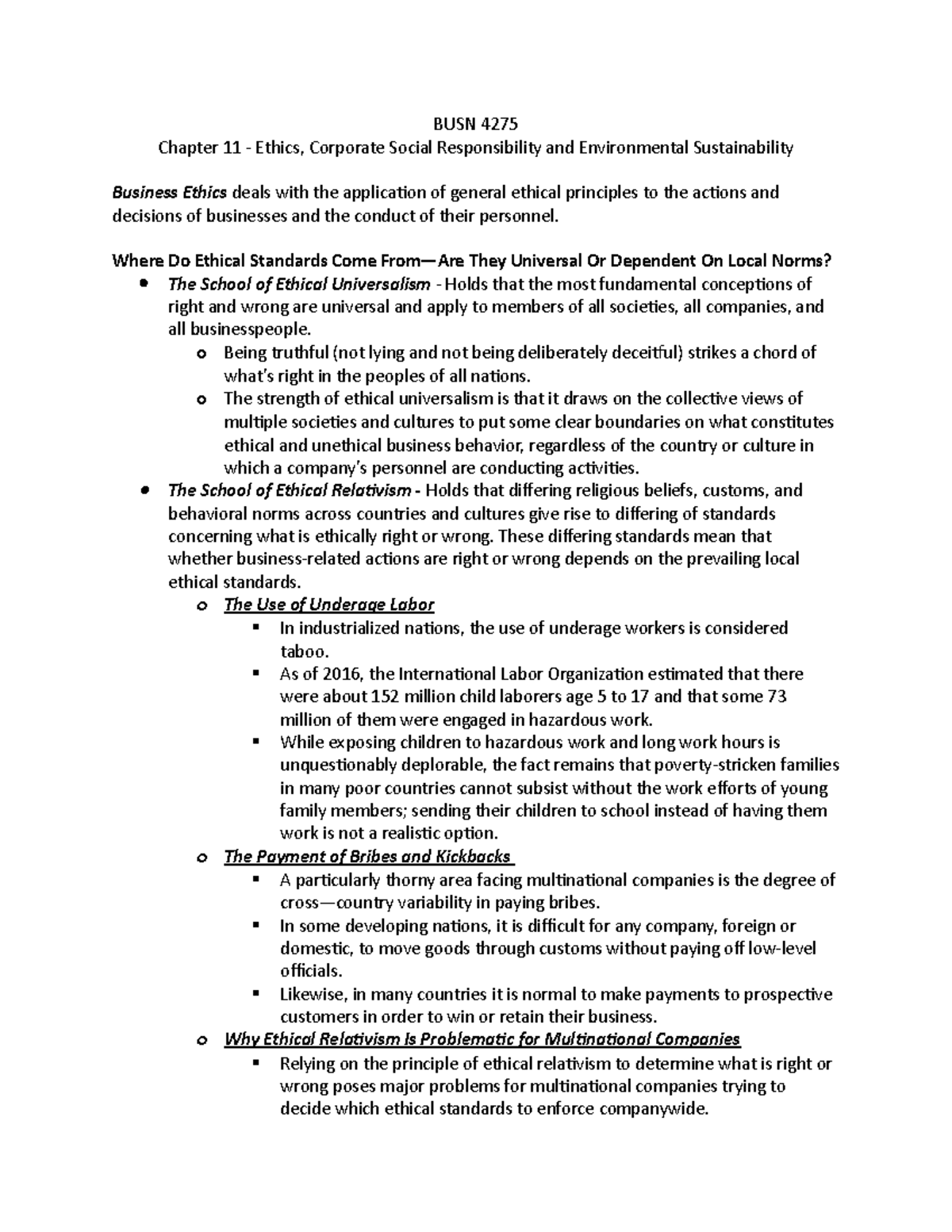 BUSN 4275 Chapter 11 Lecture Notes - BUSN 4275 Chapter 11 - Ethics ...