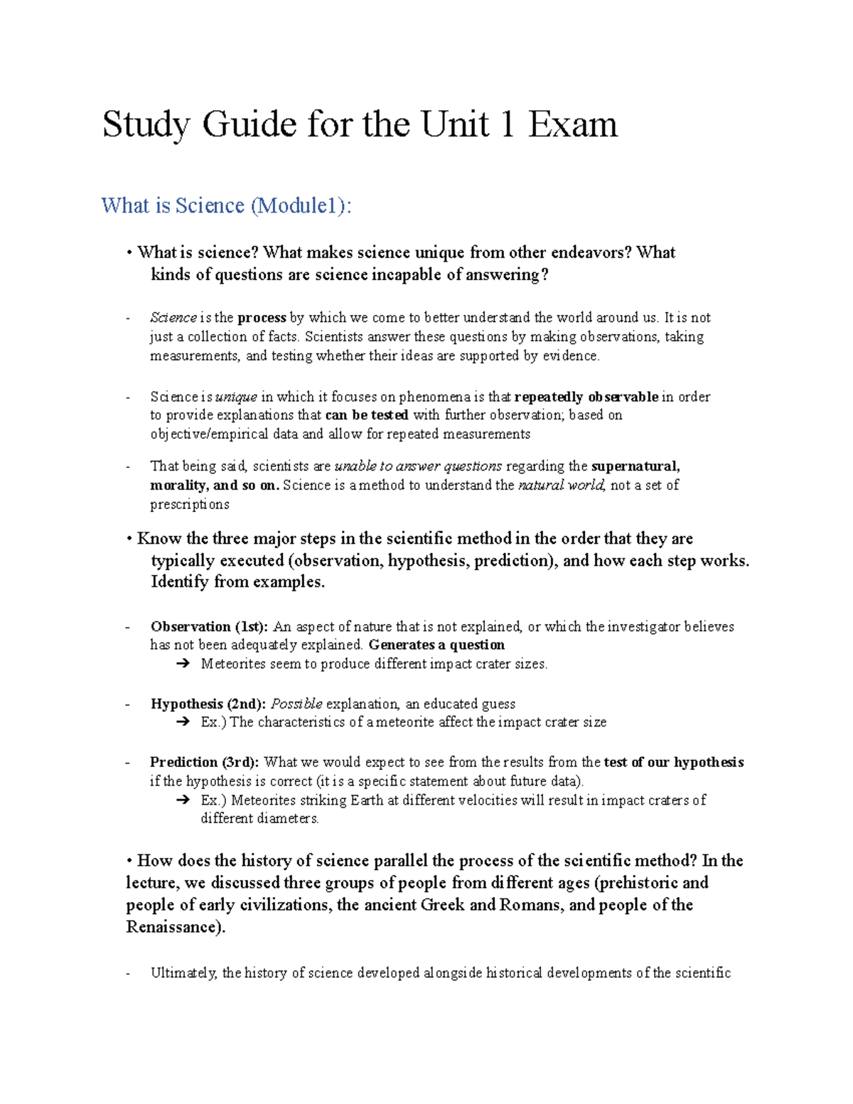 Sci Final Study Guide - Study Guide for the Unit 1 Exam What is Science ...