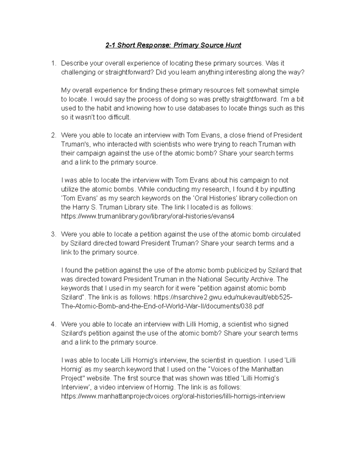 2-1 Short Response Primary Source Hunt - 2-1 Short Response: Primary ...