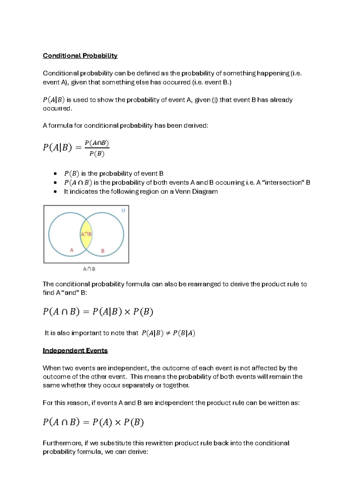 Conditional Probability Summary Sheet - Conditional Probability Conditional probability can be ...