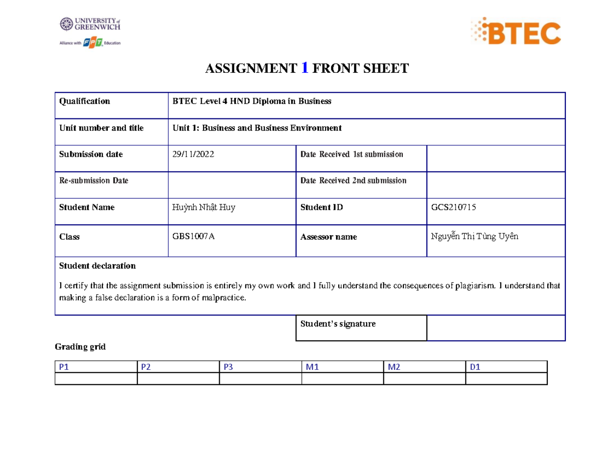 5032 Asm1 Assignment 1 Front Sheet Qualification Btec Level 4 Hnd Diploma In Business Unit