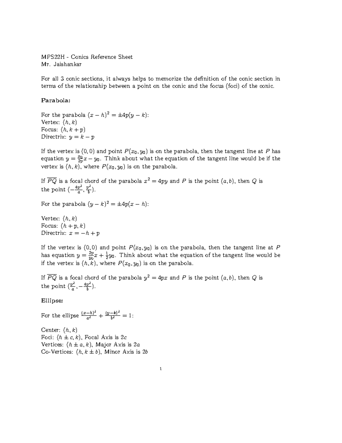 MPS22H - Conics Reference Sheet - Jaishankar For all 3 conic sections ...