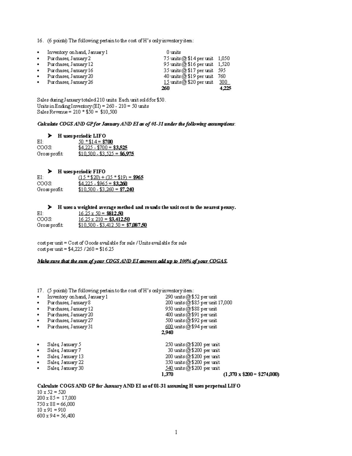 30 to 33 - Homework - (6 points) The following pertain to the cost of H’s only inventory item ...