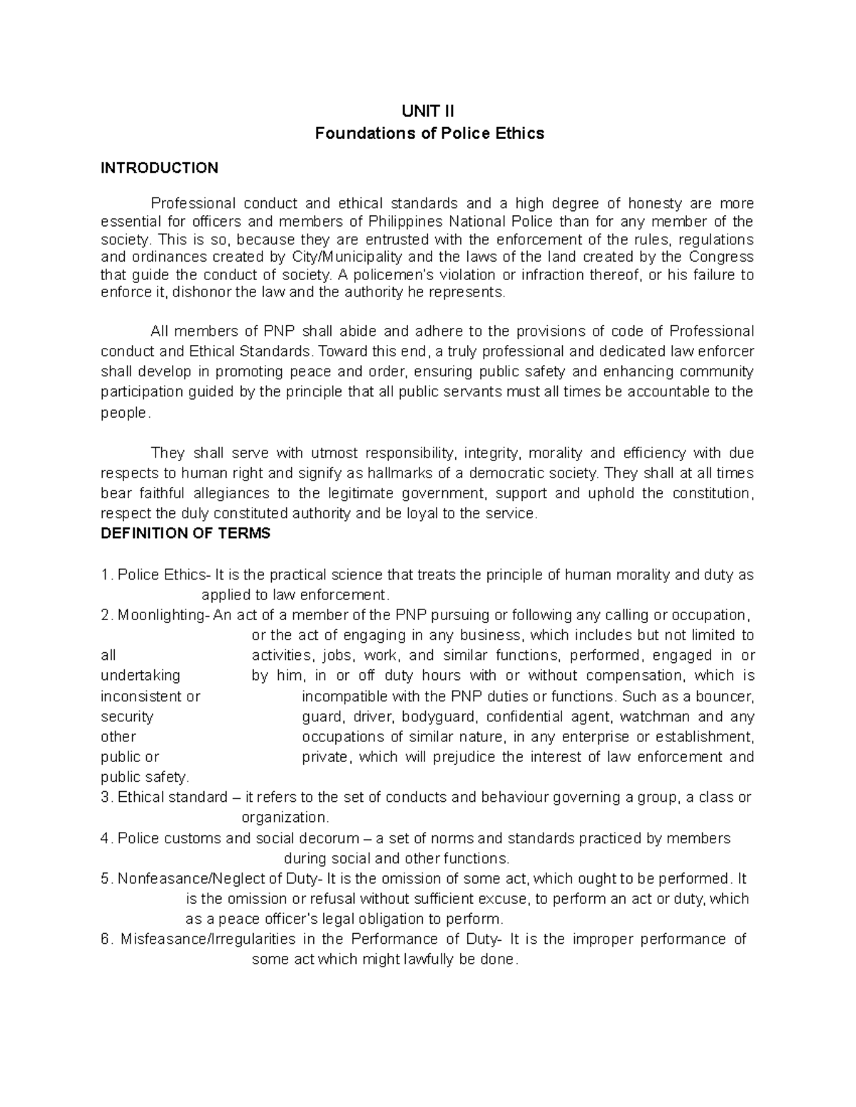 Ethical Standards - UNIT II Foundations of Police Ethics INTRODUCTION ...