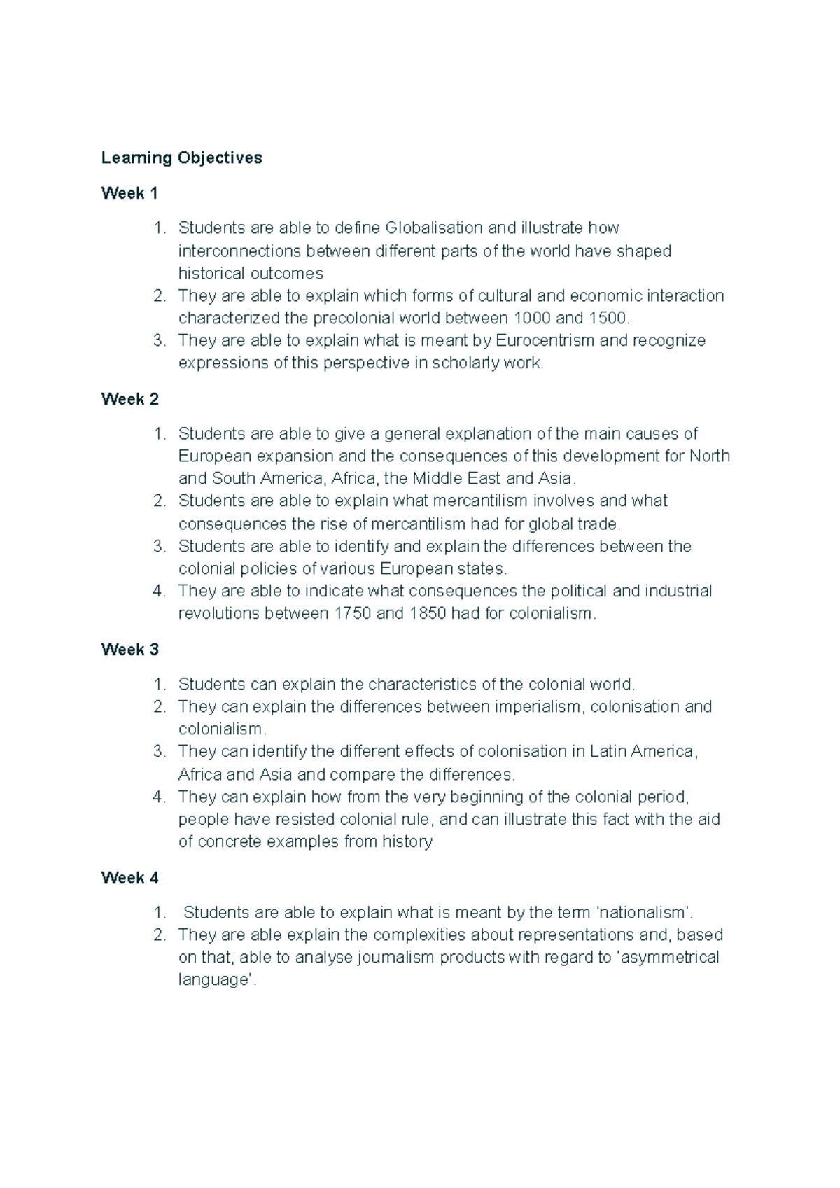 Objectives global history - Learning Objectives Week 1 Students are ...