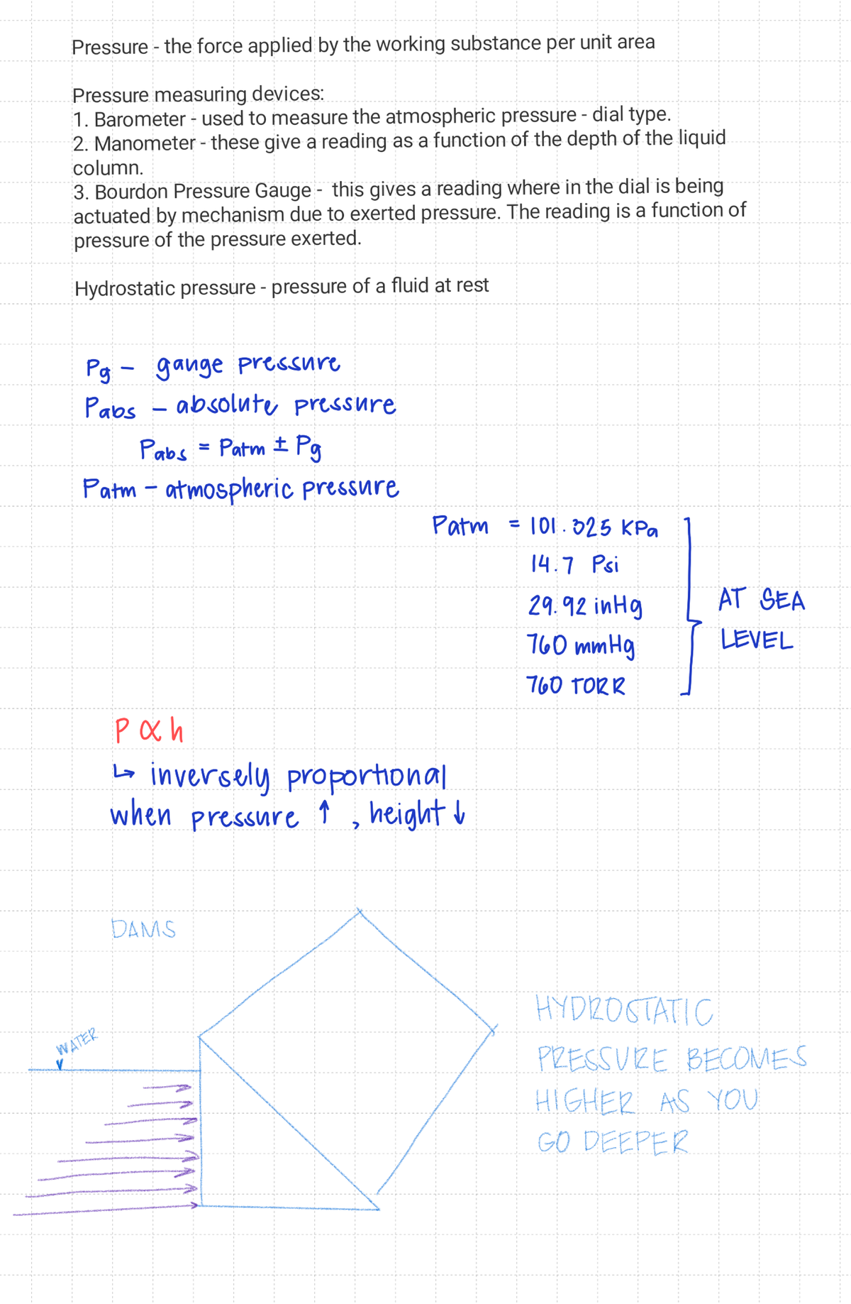 Fluid- Mechanics 1 - notes - Pressure the force applied the working ...