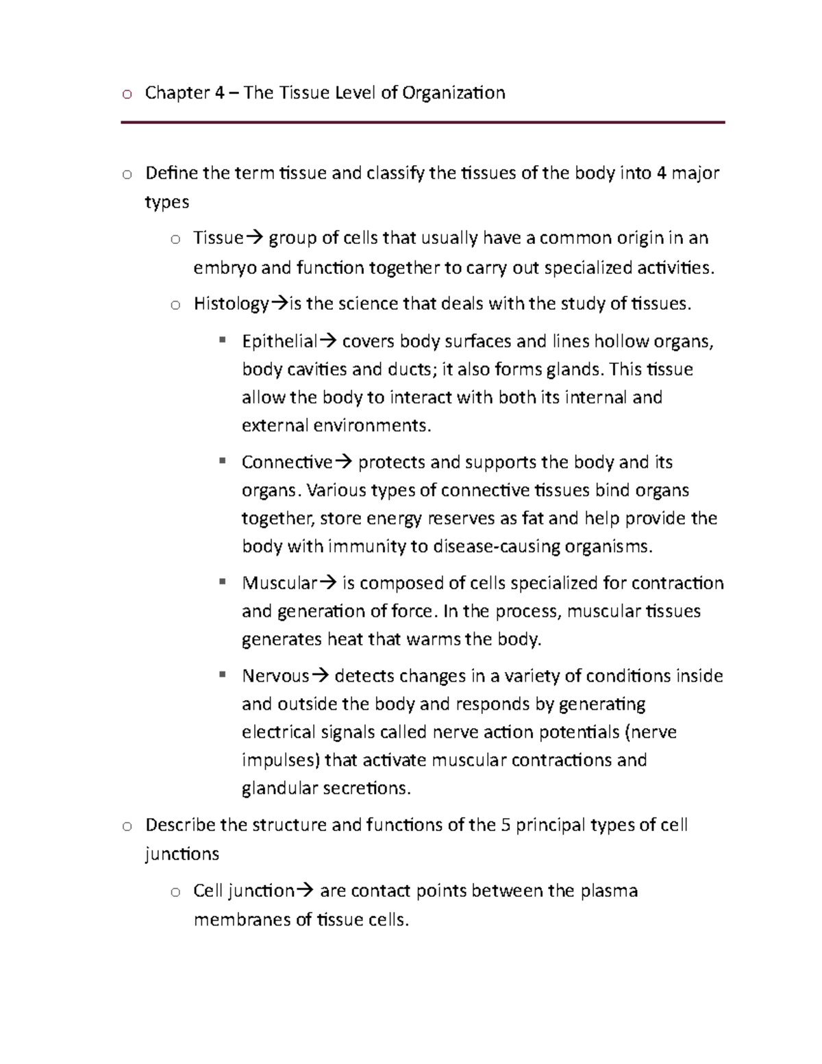 Biol235 Chapter 4 Study Guide Notes - o Chapter 4 – The Tissue Level of ...