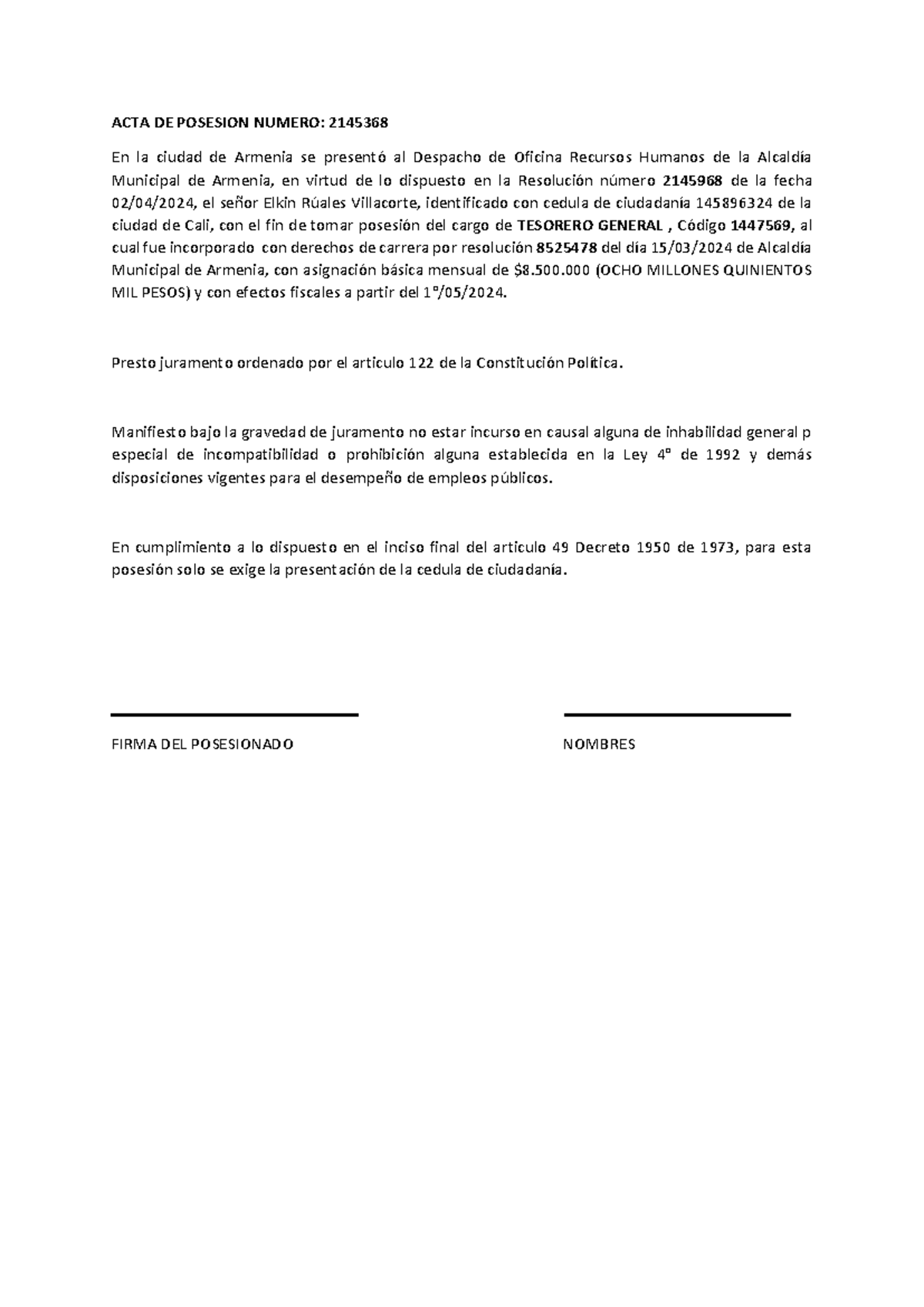 ACTA DE Posesion - sdasdasda - ACTA DE POSESION NUMERO: 2145368 En la ...
