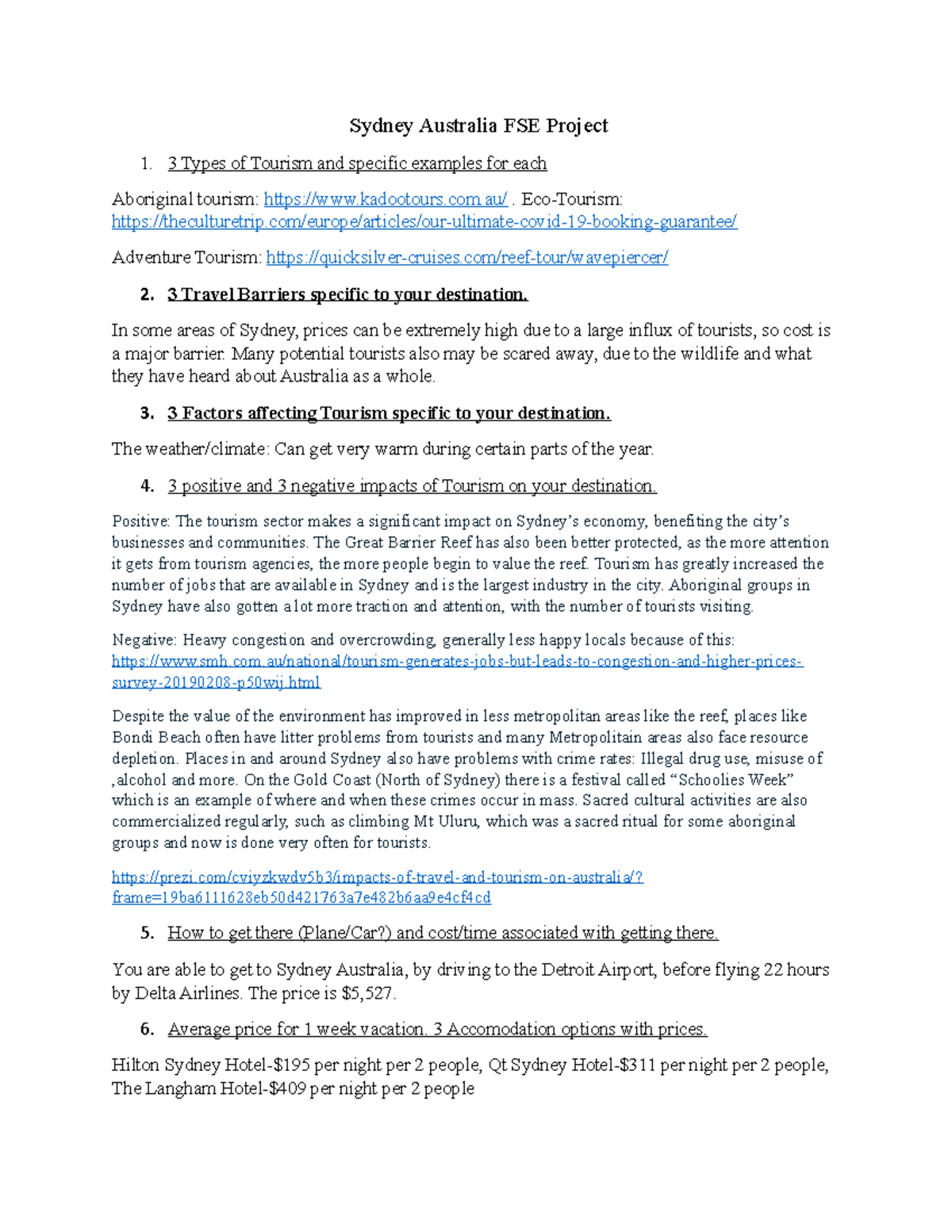 Travel and Tourism Sydney Australia FSE - Sydney Australia FSE Project ...