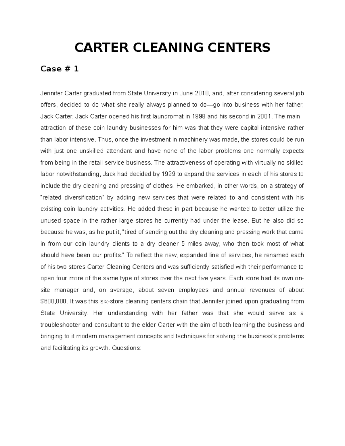 Carter Cleaning Centers - CARTER CLEANING CENTERS Case # 1 Jennifer ...