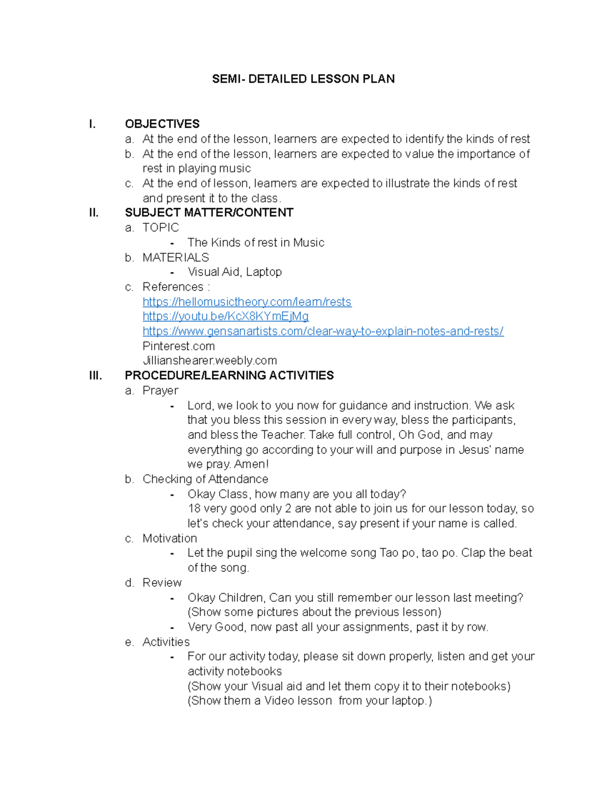 Music SEMI Detailed Lesson PLAN - SEMI- DETAILED LESSON PLAN I ...