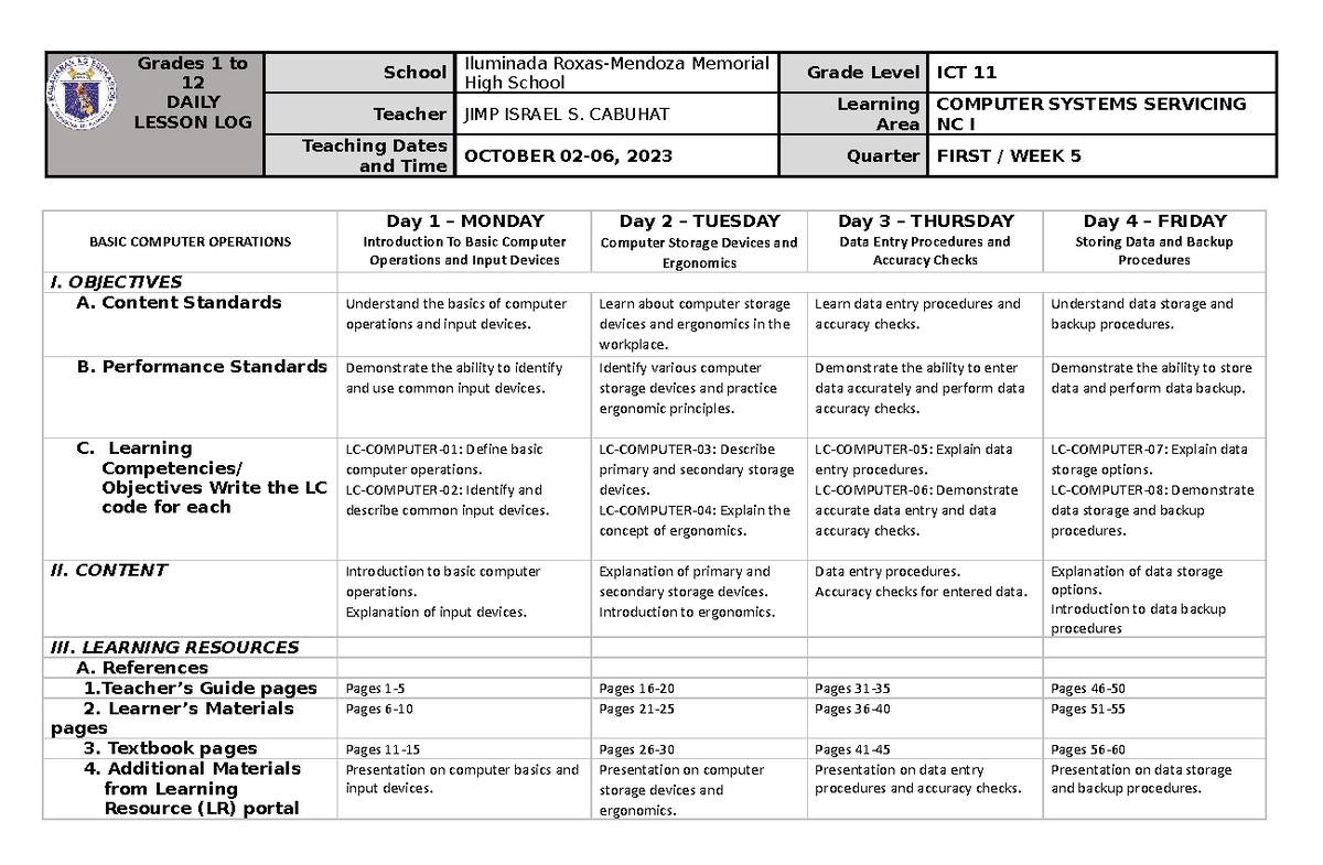 WEEK 5 ICT 11 September October 02-06, 2023 - NC I Basic Computer ...
