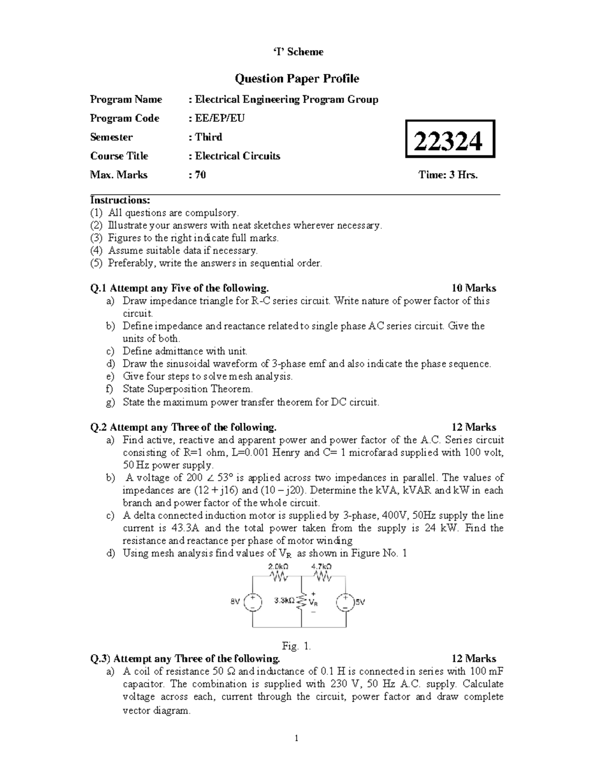22324 Sample question paper Electrical Circuits - Question Paper ...