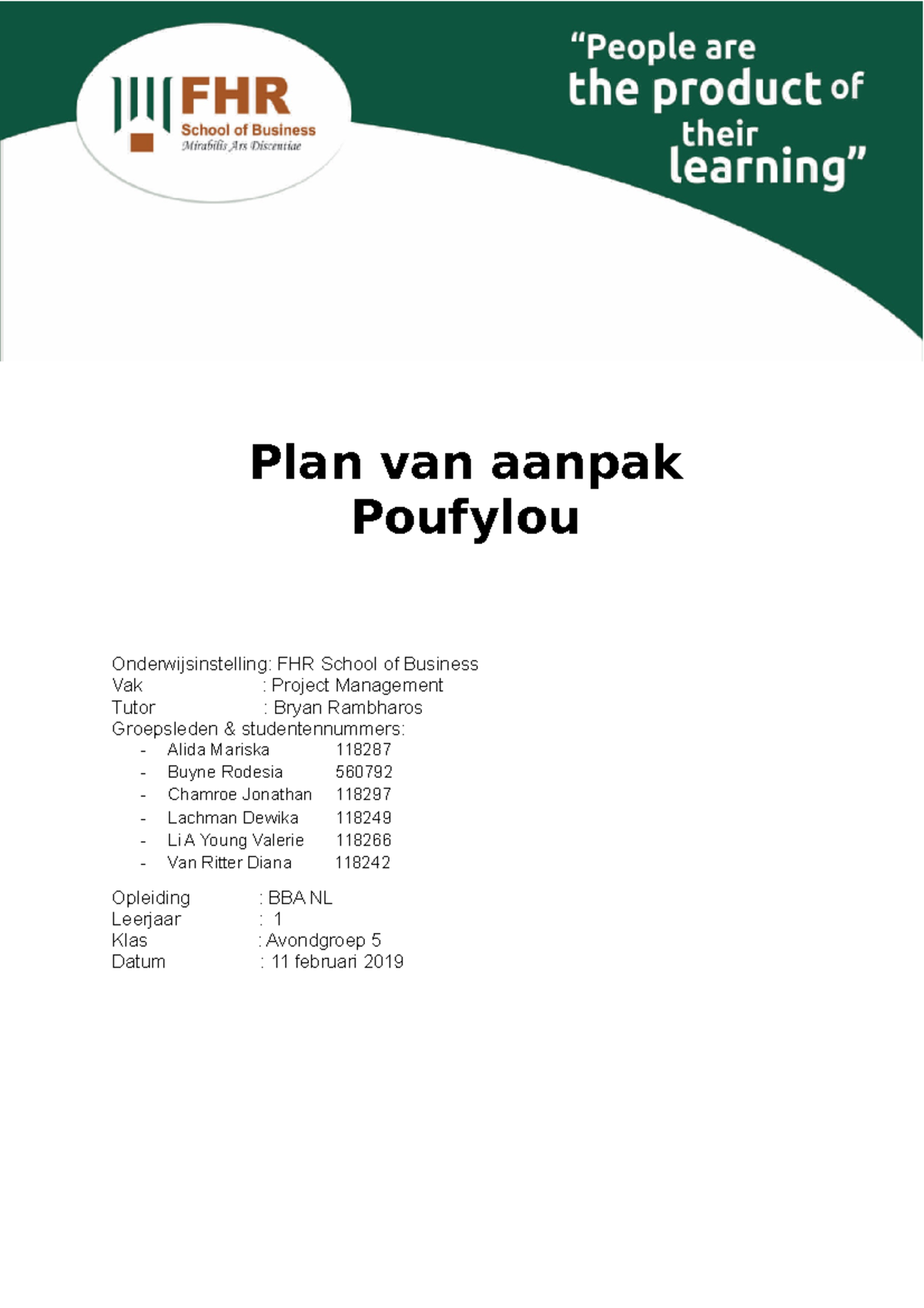 Final pva Poufylou avond groep 5 BBA-NL - Plan van aanpak Poufylou ...