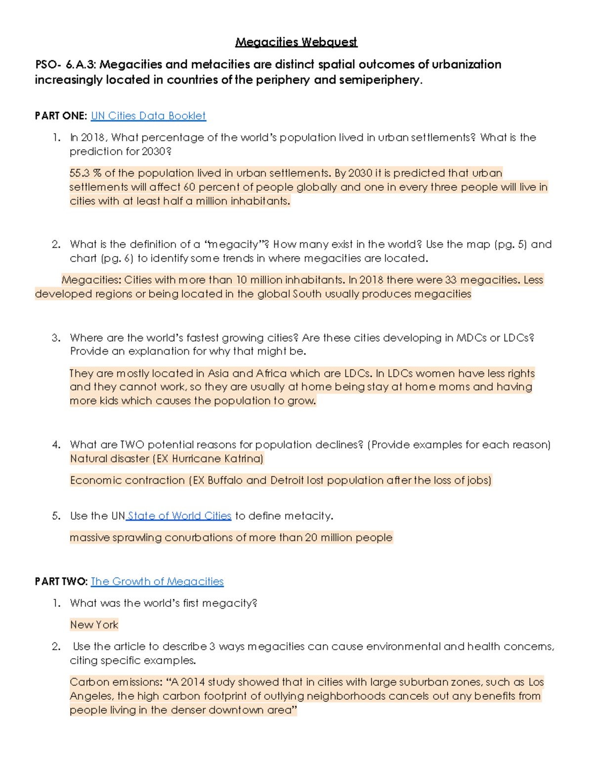 Megacities Webquest - Megacities Webquest PSO- 6.A: Megacities and ...