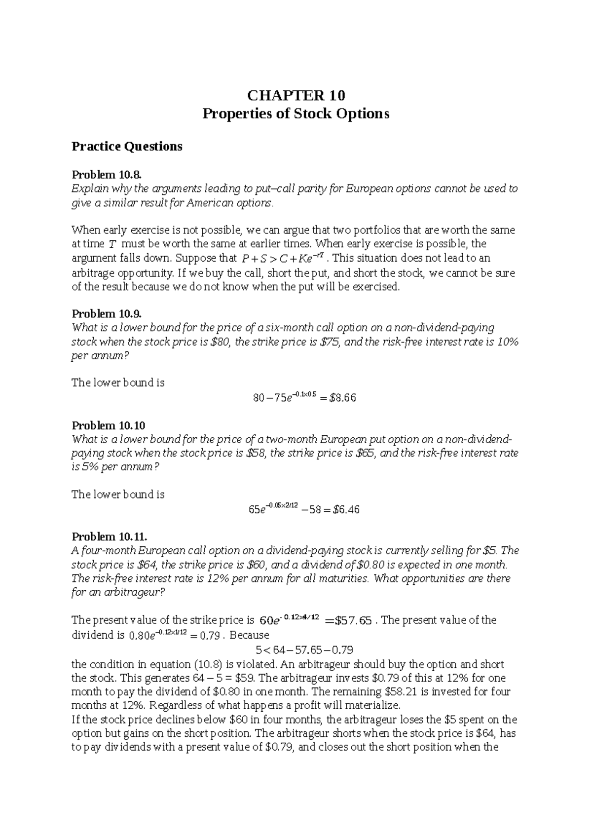 Doc-4 - Practice questions - CHAPTER 10 Properties of Stock Options ...