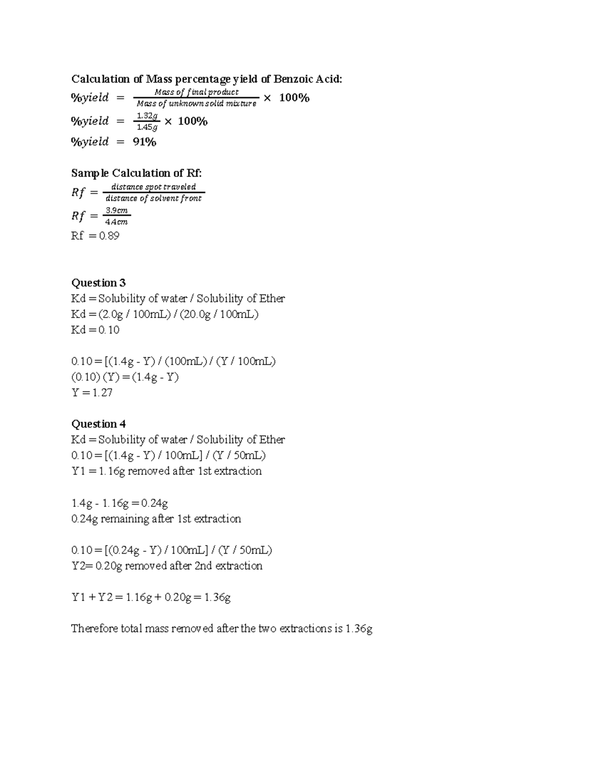 Calculations- Extraction - Calculation of Mass percentage yield of ...
