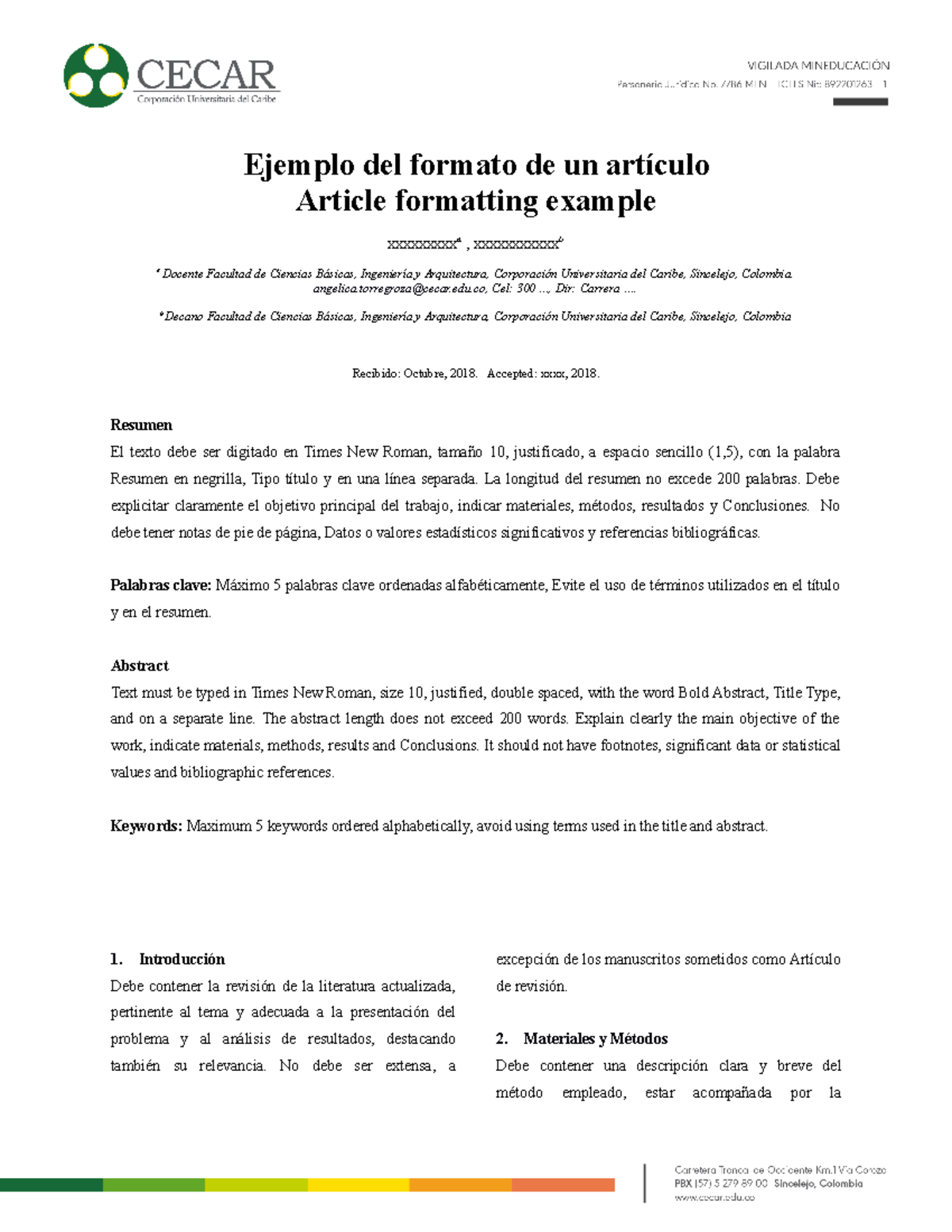 Anexo 1. Formato Presentación de Artículo - Ejemplo del formato de un ...
