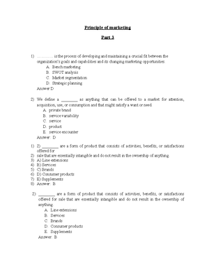 Introduction to Marketing part 1 questions - Part I (Principle of ...