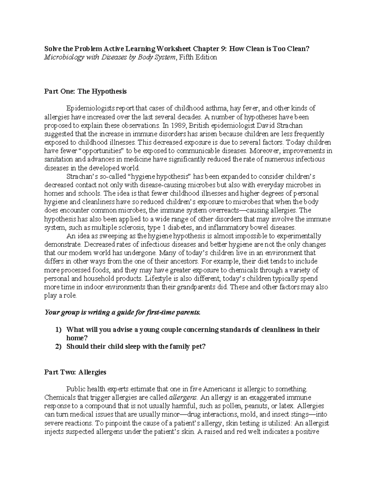 Student-active learning worksheet-ch09 hygiene - Solve the Problem ...