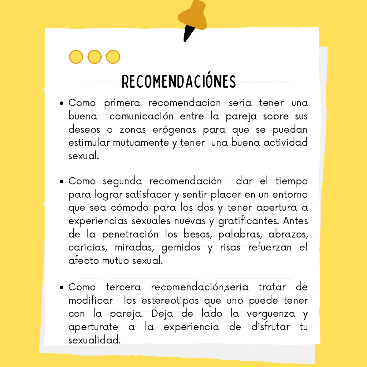 Recomendaciones - RECOMENDACIÓNES Como primera recomendacion seria ...