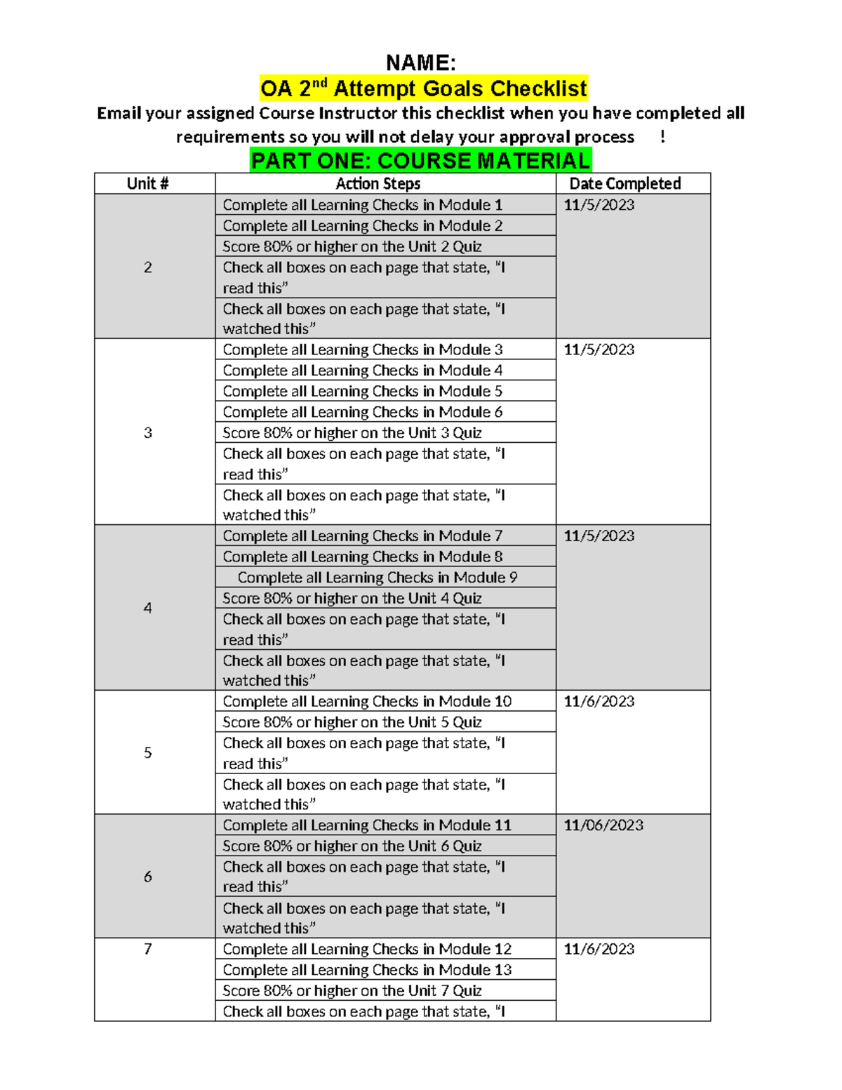 OA2 Goals Checklist - NAME: OA 2 nd Attempt Goals Checklist Email your ...