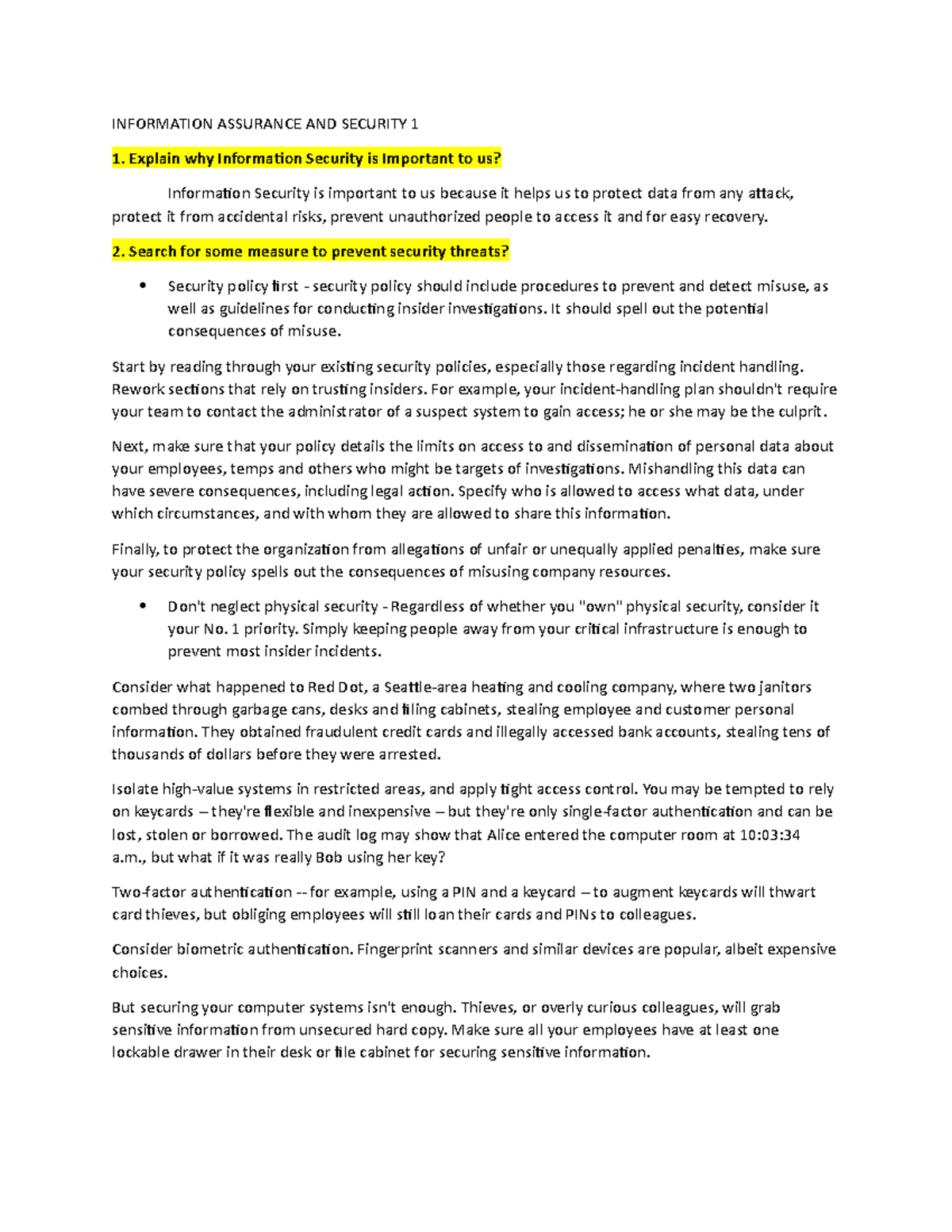 Activity 1 Information Assurance And Security 1 Information Security Information Assurance And