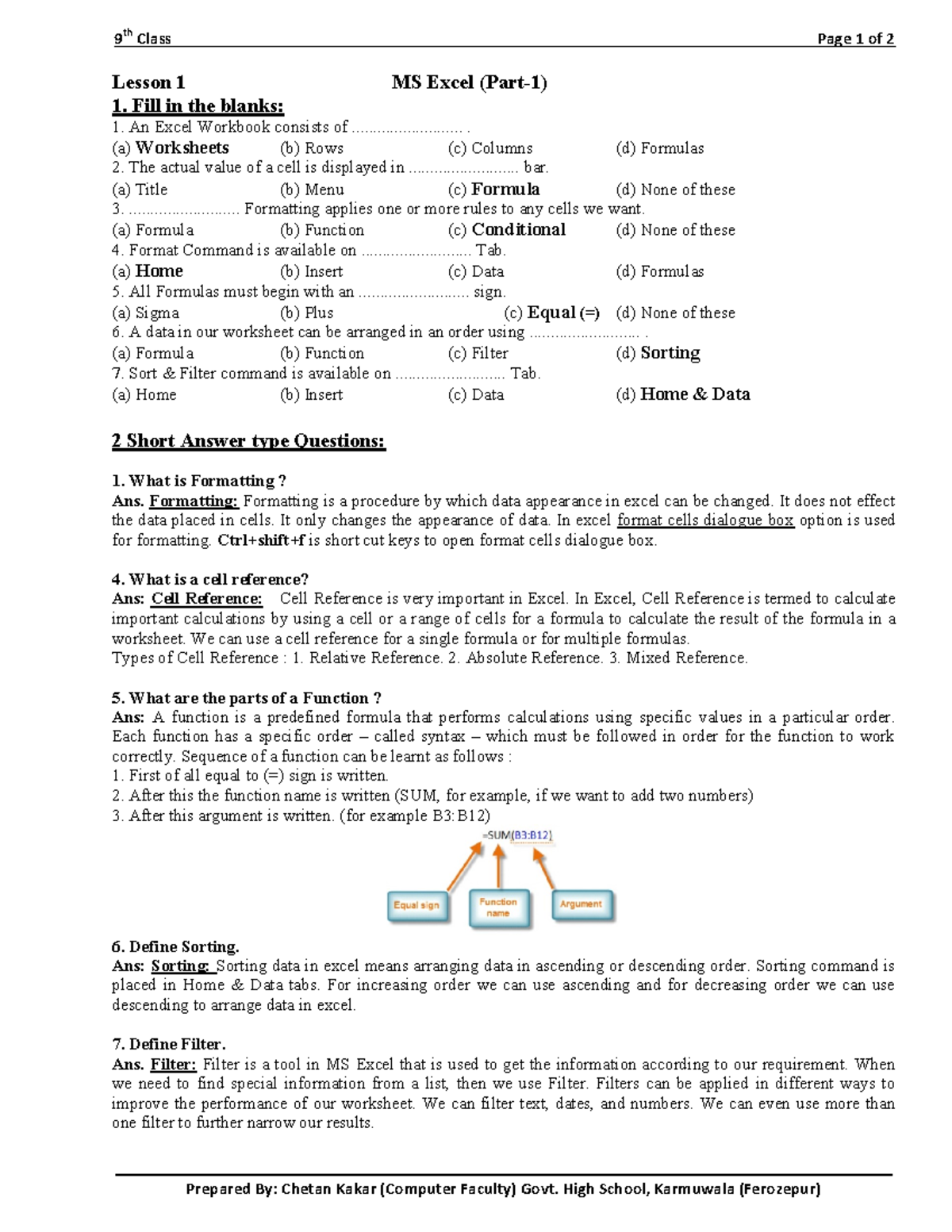 Spreadsheet tasks - assignment - 9 th Class Page 1 of 2 - Studocu