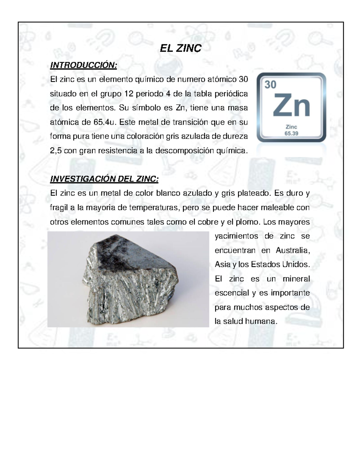 EL ZINC - EL ZINC - EL ZINC INTRODUCCIÓN: El zinc es un elemento ...