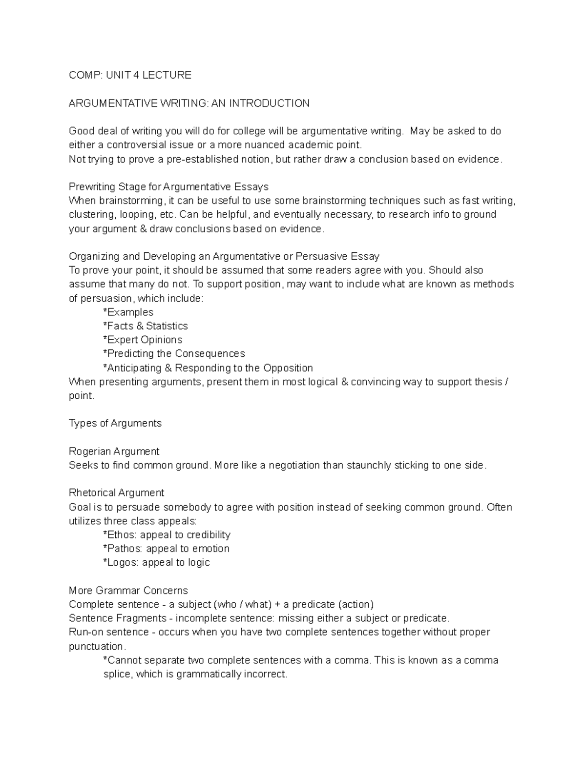 College Comp I Unit 4 Lectures - COMP: UNIT 4 LECTURE ARGUMENTATIVE WRITING: AN INTRODUCTION ...