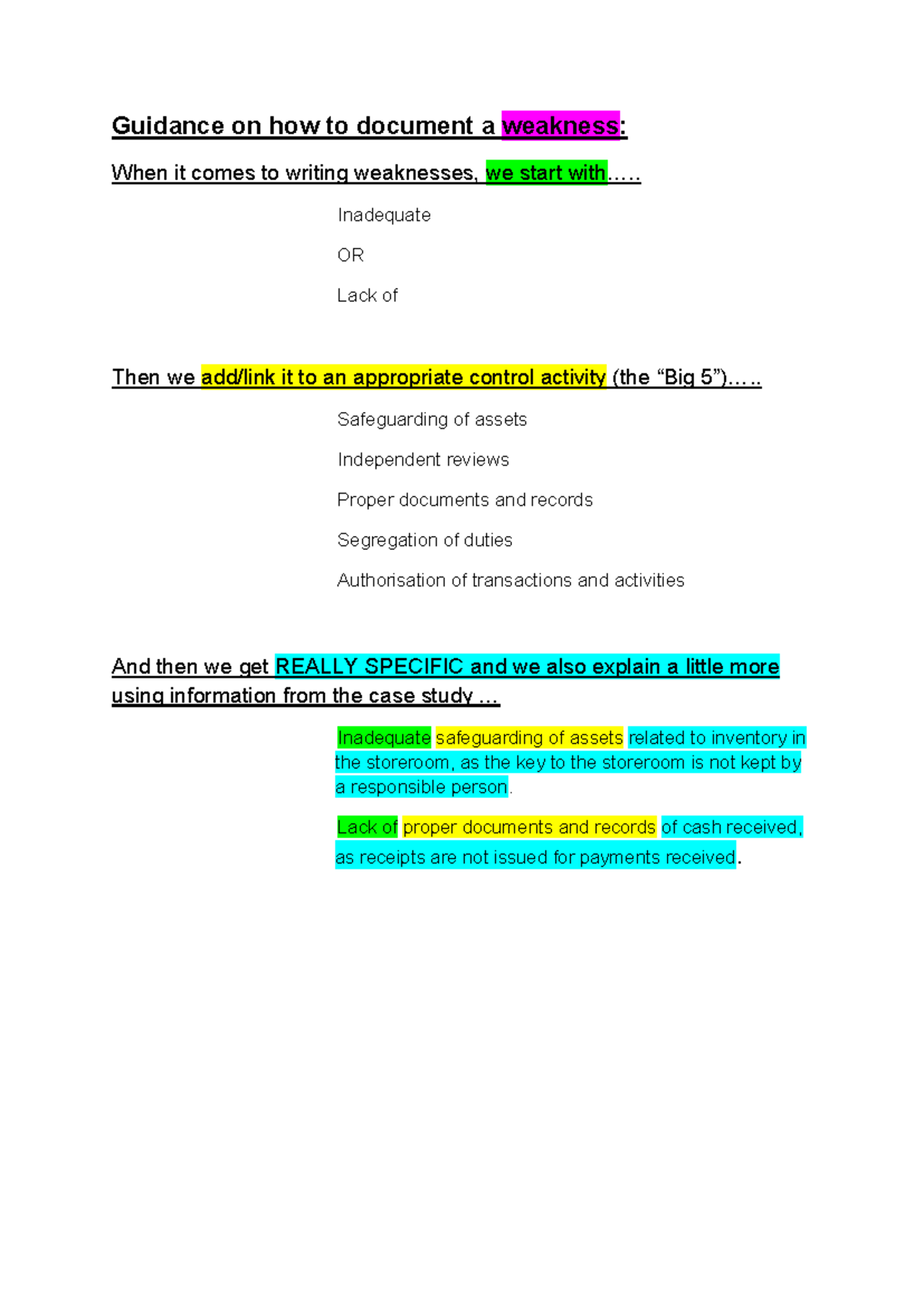 Wording of weakness, control and Risk - Guidance on how to document a ...