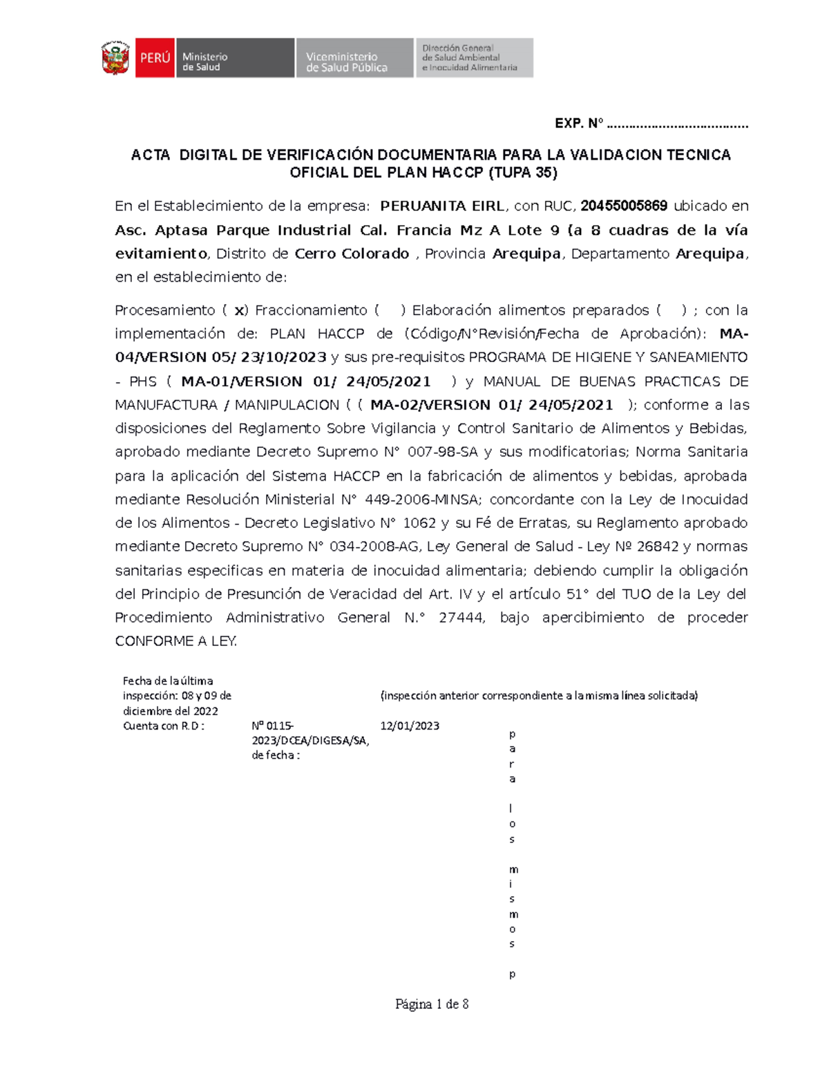 TUPA 35 ACTA Digital CON Lista Documentaria Sustentada RD 008-2023 - EXP. Nº - Studocu