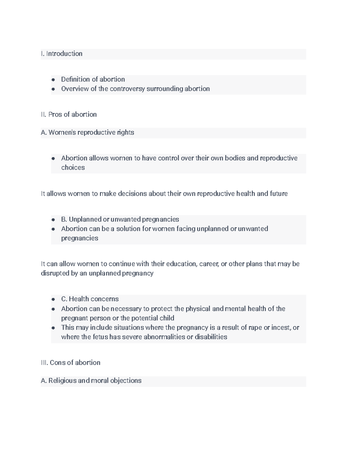 Pros V Cons of Abortion Outline - I. Introduction Definition of ...