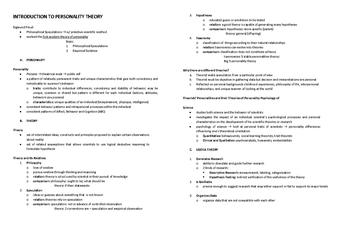 TOP- Midterms - midterm notes for top - INTRODUCTION TO PERSONALITY ...