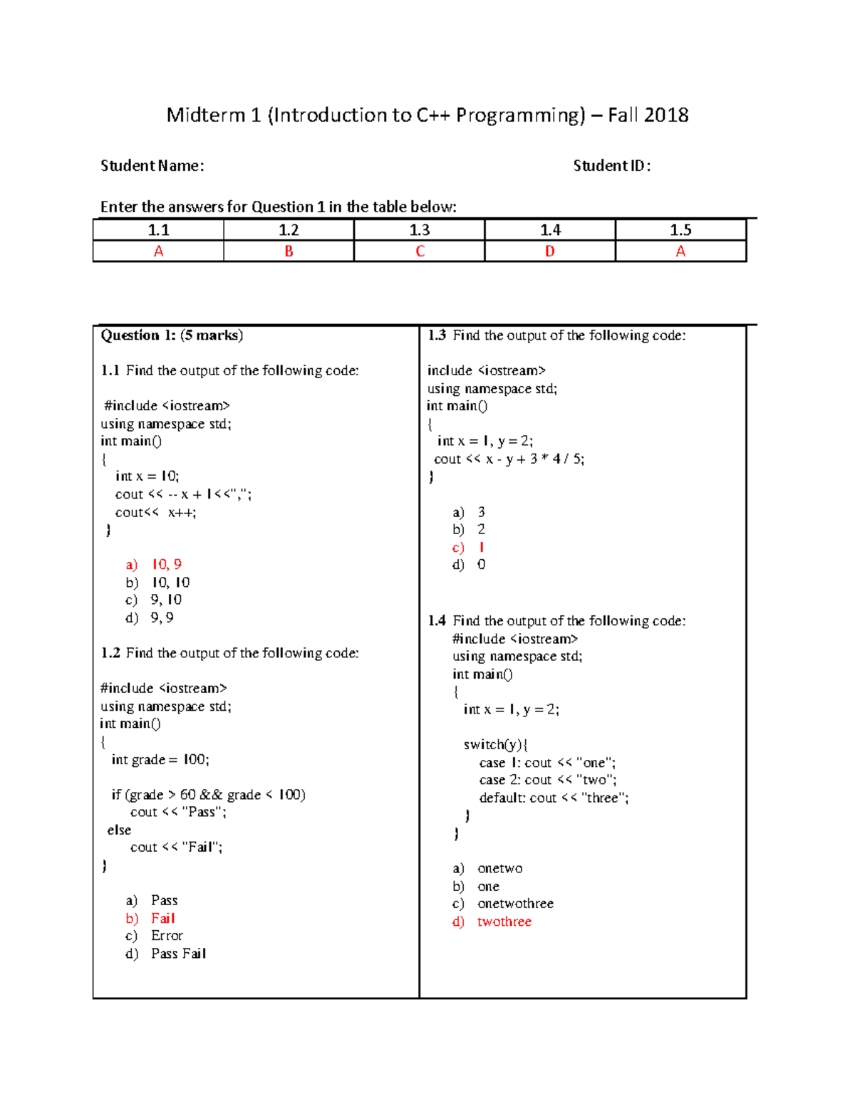Answersheet first midtermexam csc115 firstsemester 1439 1440 - Midterm ...