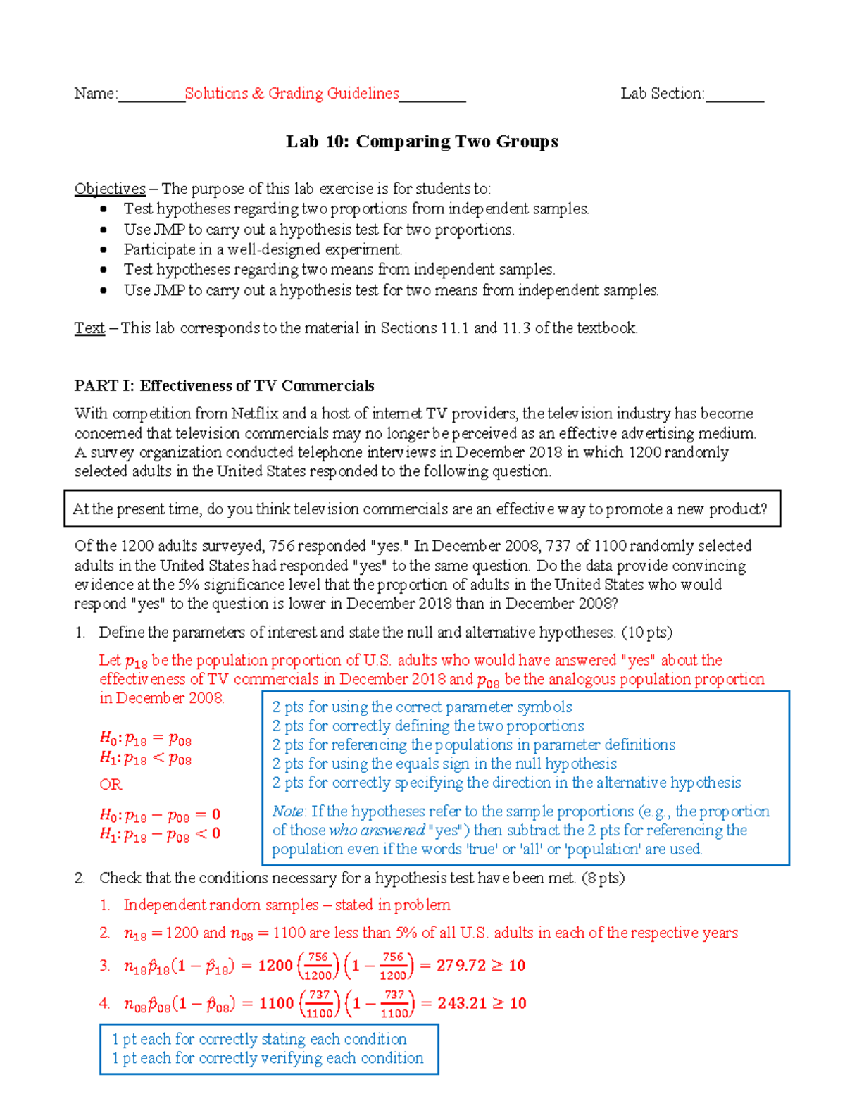 Lab 10 - Comparing Two Groups - S19 - Solutions - 2 pts for using the ...