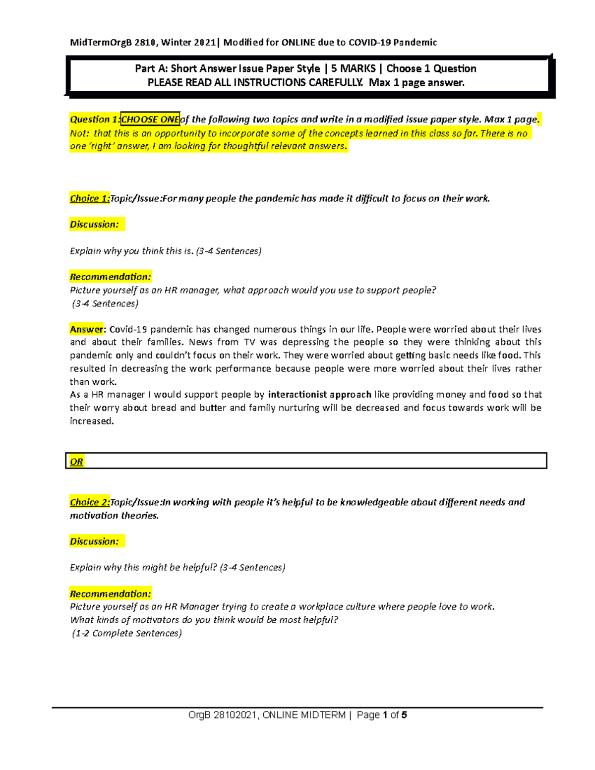 Midterm EXAM Org B 2810 Answers - Part A: Short Answer Issue Paper ...