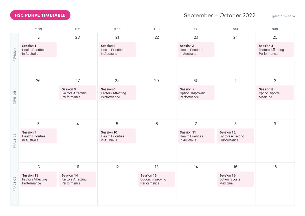 Atomi hsc pdhpe study timetable 2022 - HSC PDHPE TIMETABLE getatomi MON ...