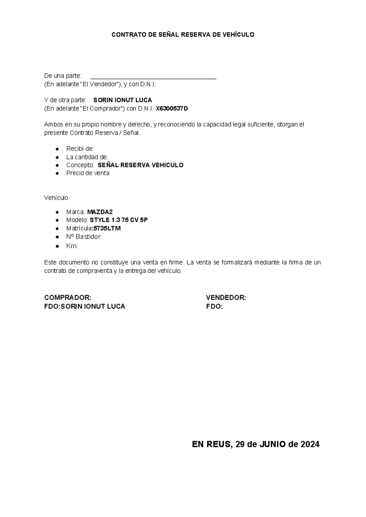 Contrato DE Reserva Reembolsable DE Vehículo - Dealcar - CONTRATO DE SEÑAL RESERVA DE VEHÍCULO ...