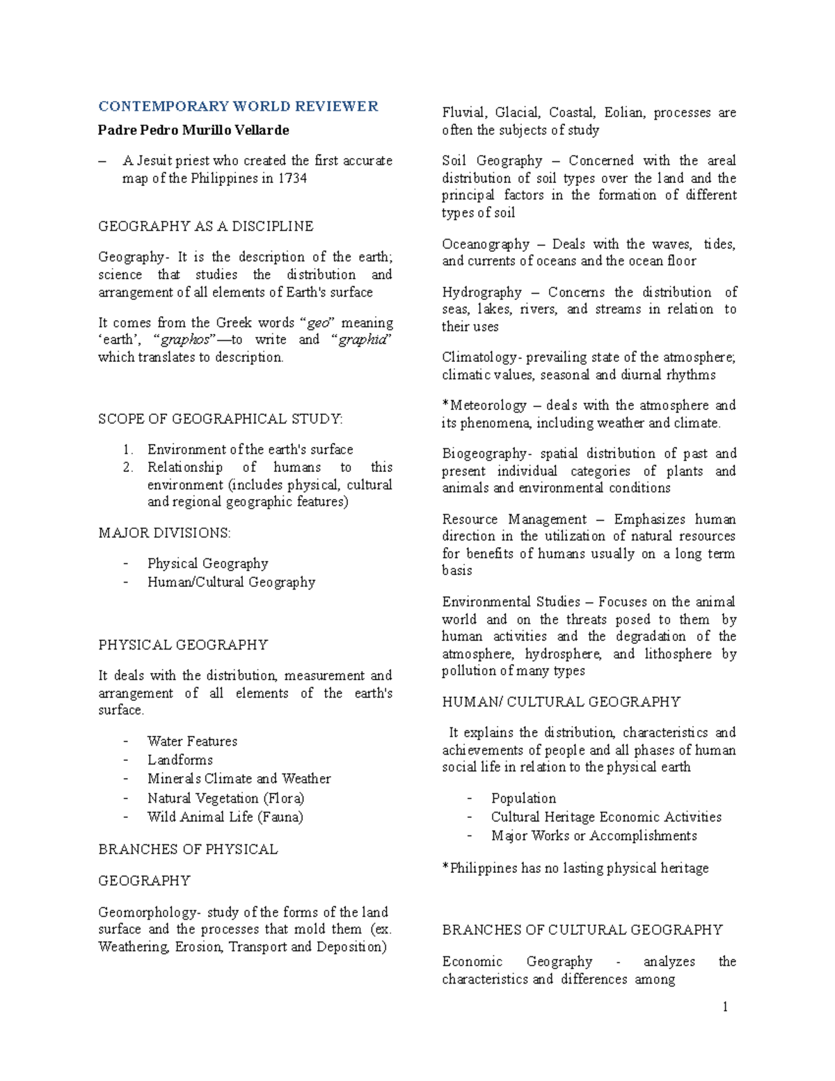 Contemporary World Notes - CONTEMPORARY WORLD REVIEWER Padre Pedro ...