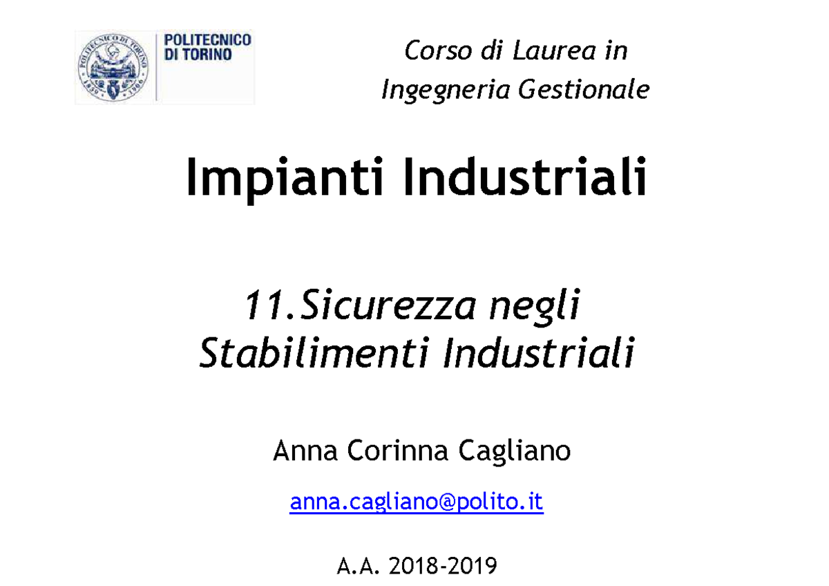11 II18 Sicurezza Stabilimenti Industriali - Corso di Laurea in ...