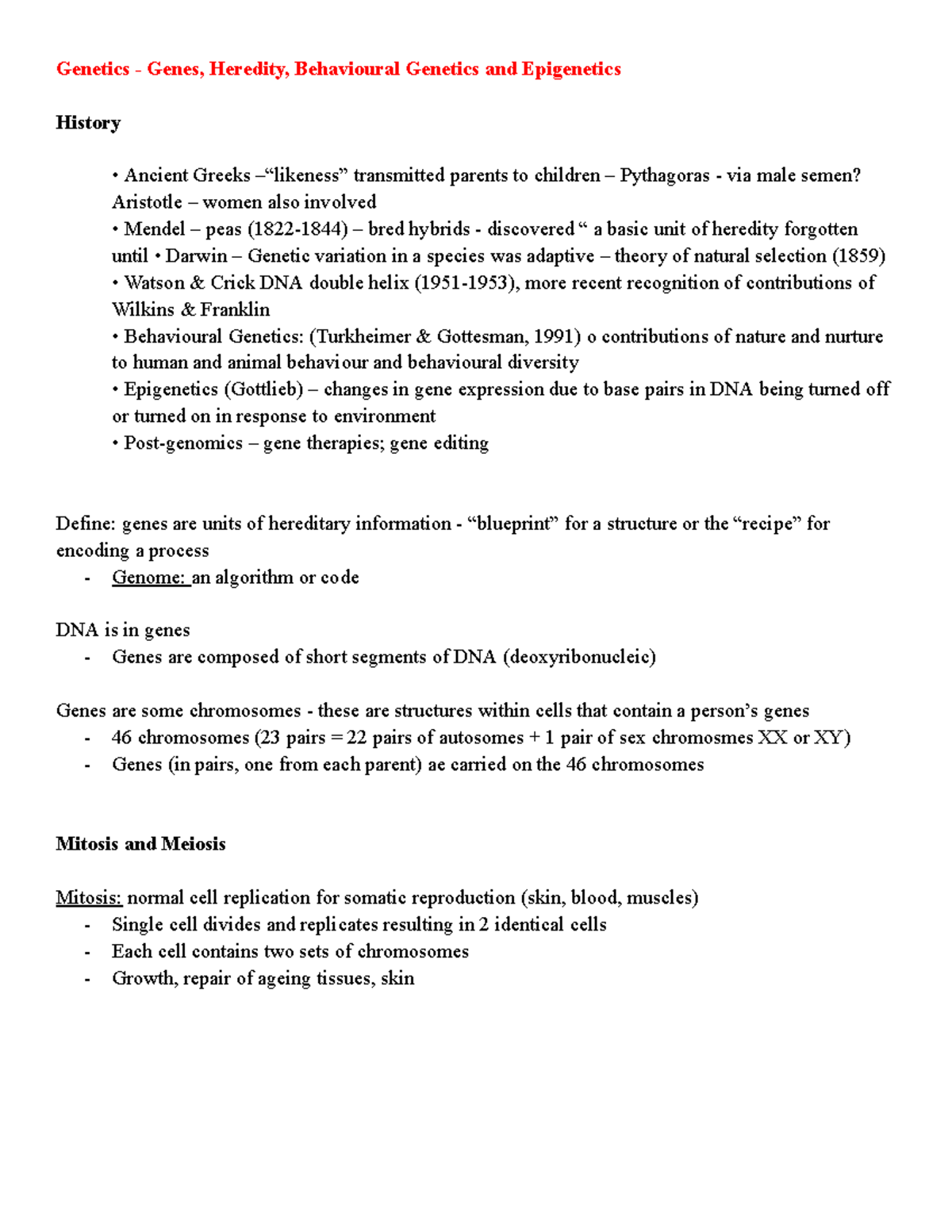 Lecture 2 - Genetics - Genes, Heredity, Behavioural Genetics and ...