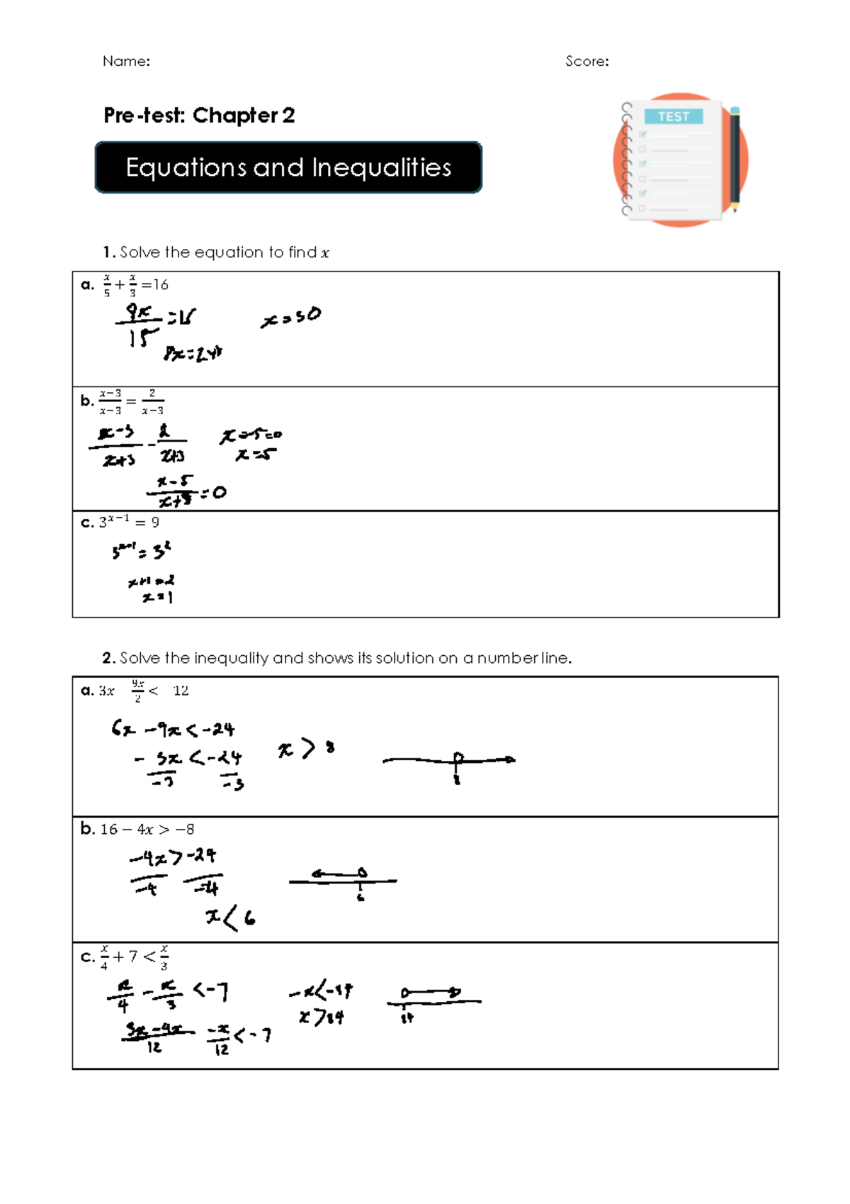 Pre-test chapter 2- equations and inequalities - Name: Score: Pre-test ...